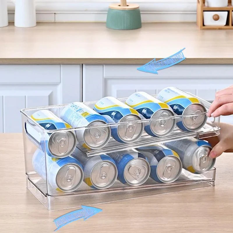 2-Tiers Soda Can Box Holder 1PC Clear Rolling Refrigerator Organizer