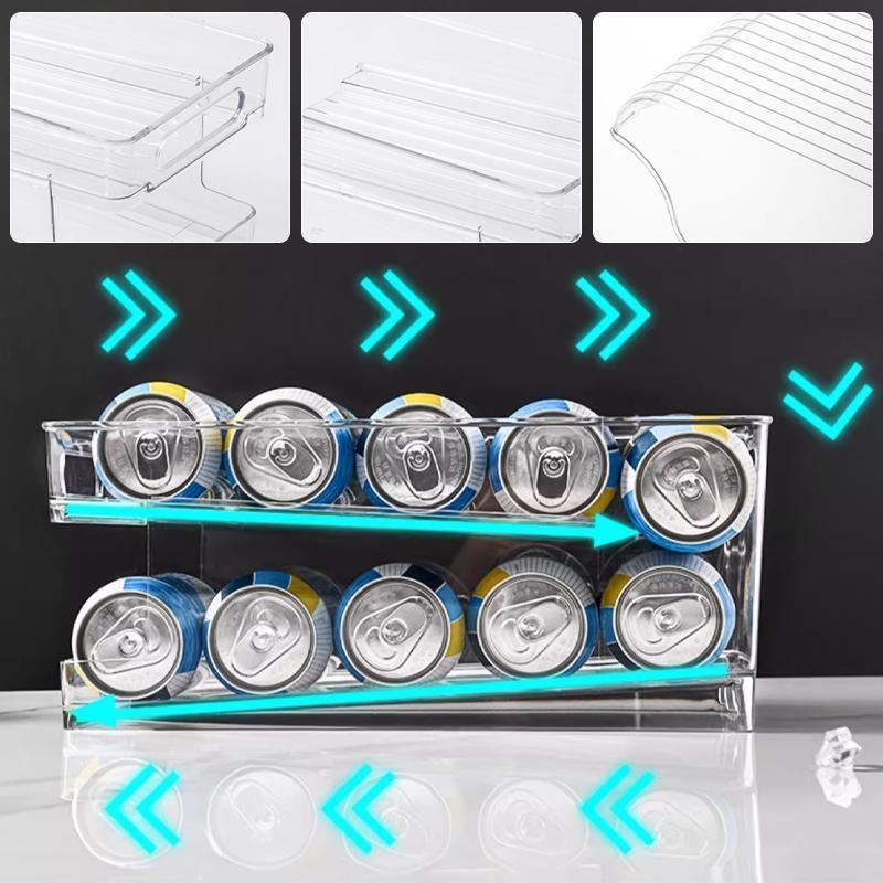 2-Tiers Soda Can Box Holder 1PC Clear Rolling Refrigerator Organizer