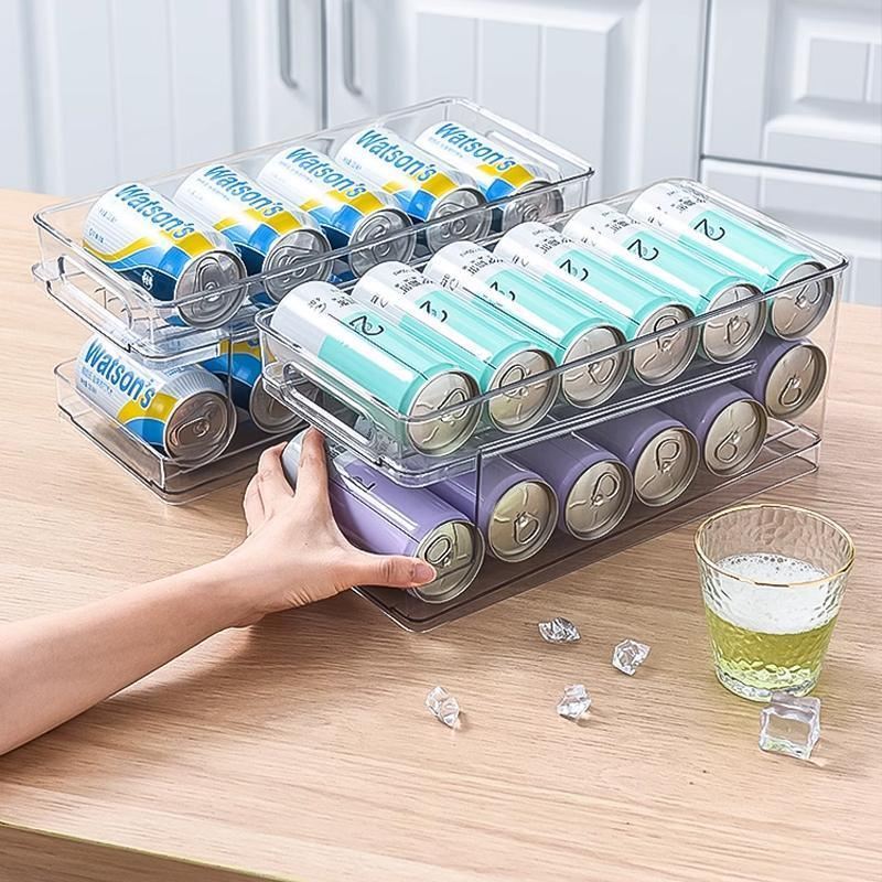 2-Tiers Soda Can Box Holder 1PC Clear Rolling Refrigerator Organizer