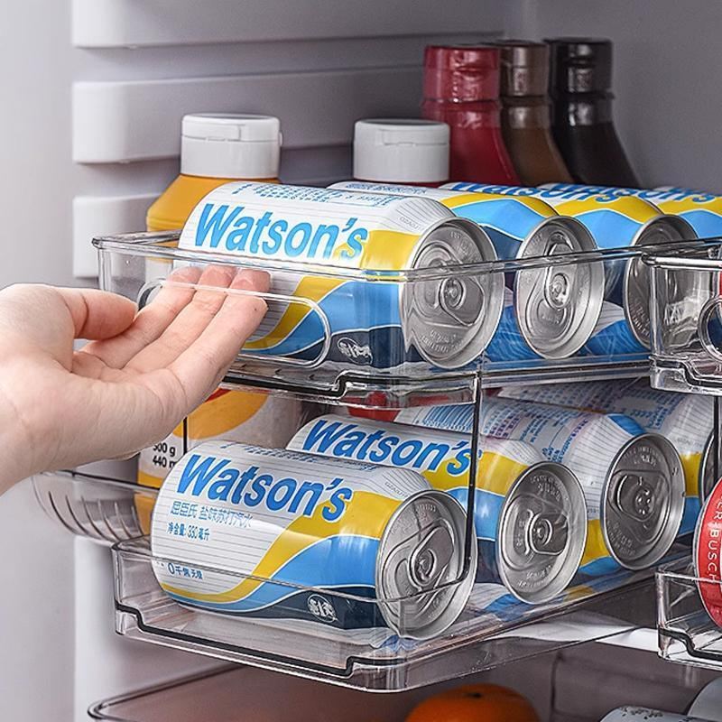 2-Tiers Soda Can Box Holder 1PC Clear Rolling Refrigerator Organizer